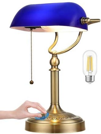 Newrays Lampe de Bureau en Verre Bleu Bankers, Lampe de Table Gradable sans Intervalles Fixation &agrave; Branchement pour Bureau, Bureau Domicile, Ampoule LED Inclu