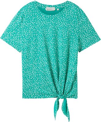 Tom Tailor Damen Basic T-Shirt mit Knotendetail, green minimal print, XL