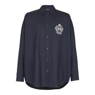 Balmain Homme, Chemises, Bleu, Taille: 2XS Chemise en laine &agrave; rayures College Emblem