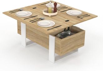IDMarket Table basse plateau relevable rectangulaire convertible en table à manger PHOENIX 97,5 cm bois et blanc