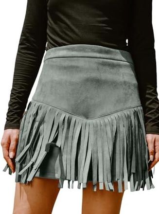 Cupshe Jupes pour femme en terre cuite taille haute à franges, style décontracté, moulant, trapèze, bureau, mini jupe, vert clair, S