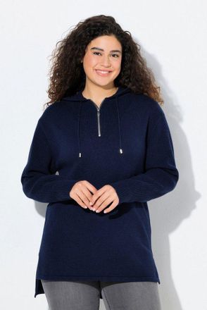 Ulla Popken Wollpullover Strick-Hoodie Zipper Kapuze Langarm hinten l&auml;nger
