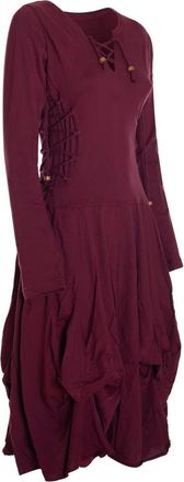 vishes Alternative Bekleidung- Langes Langarm Damen Kleid Ballonkleid Bio-Baumwolle Einfarbig mit Schn&uuml;rung V-Ausschnitt dunkelrot 38-40