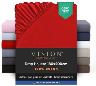 Vision Streetwear Drap Housse - 100% Coton Lit Double (180x200cm) - Rouge | Coins &Eacute;lastiqu&eacute;s | Tissage Serr&eacute;: 57 Fils | Convient aux Matelas Jusqu&agrave; 30cm | Confortable |