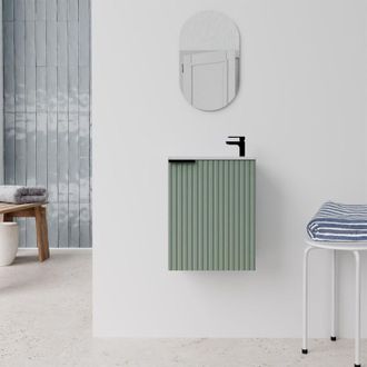 Aurlane ensemble meuble lave mains mdf ondul&eacute; vert 40x50x22cm et miroir ovale - milo