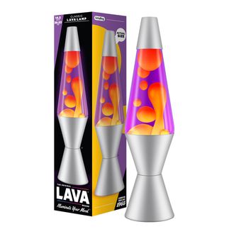 Lava Lampe 2125, gelbes Wachs, lila Fl&uuml;ssigkeit, silberner Sockel und Deckel, Original 14,5 Zoll Bewegungslampe der Marke
