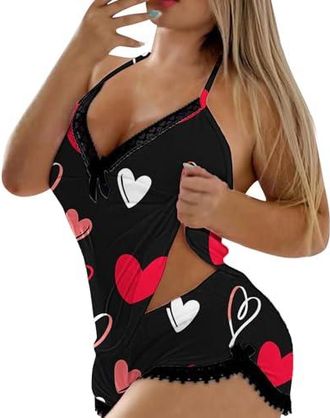Generic Pyjama 2 pi&egrave;ces en laine double en soie de lait imprim&eacute; col en V pour la Saint-Valentin 2026, Noir, XXL