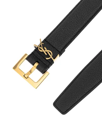 Saint Laurent Mens Leather Belt, Black With Gold Buckle Calf