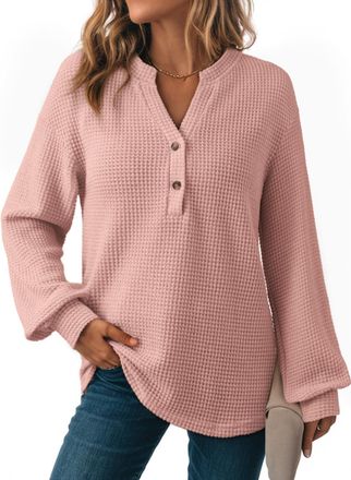 Dokotoo Bluse Damen Langarm Waffel V-Ausschnitt Oberteile Herbst Pullover Sweatshirt Langarmshirt Tops L&auml;ssig Blusen Tuniken Einfarbig T-Shirts Oberteil Rosa 