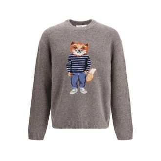 Maison Kitsun&eacute; Dressed Fox Intarsia Wollpullover - - Knitwear - Herren - Grau - XL