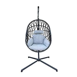 Mobili Rebecca Fauteuil Suspendu, Fauteuil À Bascule DExtérieur, Polyrattan Acier, Gris Foncé, avec Coussins, Autoportant - Dimensions HxLxP : 200 x 128 x 128 cm - A