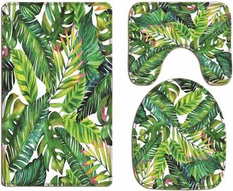 A.Monamour Badezimmer Badematte 3 Teilig Set Tropischer Grüner Bananenbaum Blätter Frühling Badmatte Teppich Flanell Saugfähig Badteppiche Badvorleger Badgarnitu