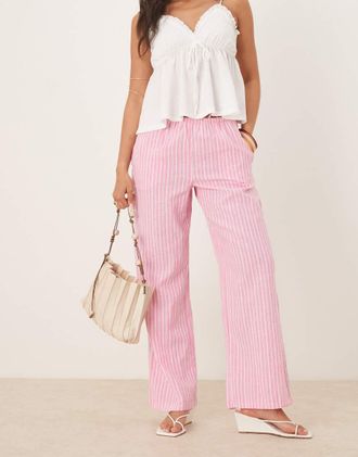 Gina Tricot Gina Tricot - Pantalon ample en lin avec cordon de serrage et motif rayé - Rose