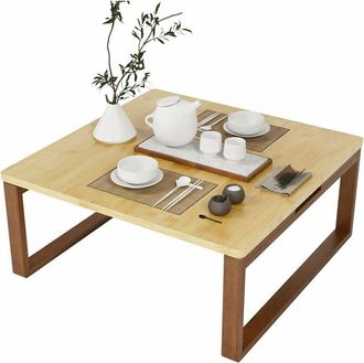 Soges Soges - Table basse pliable en bambou naturel 70x70x31cm - Design zen - Pieds pliants - Pour salon, chambre ou bureau