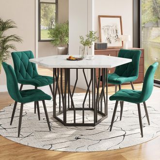 Generic Esstisch mit 4 Samt St&uuml;hlen Set Moderner Sechseckiger Tischplatte in Marmoroptik Essgruppe 5-teilig f&uuml;r 4 Personen f&uuml;r Esszimmer Wohnzimmer Restaurant