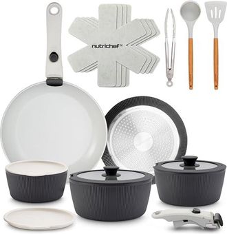 Nutrichef NutriChef 18-teiliges Keramik-Kochgeschirr-Set, abnehmbare Griffe, PTFE-frei, Antihaft, platzsparend, ofen- & herdgeeignet, mit Utensilien