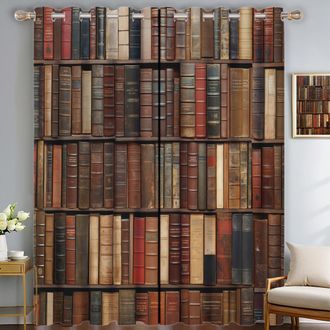 Generic Vorhang Blickdicht Rostbraun Vintage Bibliothek Gardinen Mit Ösen 3D Lederbuch Verdunklungsvorhänge Für Vorhänge Wohnzimmer Schlafzimmer, Thermo Vorhä