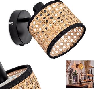 HOFSTEIN Wandleuchte Ramila, verstellbare Wandlampe aus Metall/Rattan/Wiener Geflecht in Schwarz/Natur, Leuchte im modernen Design mit verstellbarem Schirm (Ø 