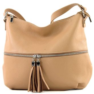 modamoda.de T159 Damen Leder Umh&auml;ngetasche Schultertasche Medium handmade in Italy, Farbe:Beige