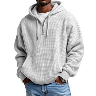 Generic Sweat &agrave; capuche pour homme en tricot gaufr&eacute; avec fermeture &eacute;clair quart de longueur, sweat &agrave; capuche tendance, d&eacute;contract&eacute;, ample, t-shirt &agrave; manches l