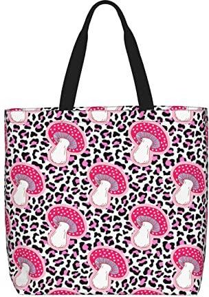 Generic Sac De Courses Champignon Rose Et Noir Imprim&eacute; L&eacute;opard Femmes Sac &Agrave; Bandouli&egrave;re Pliable Personnaliser Sacs En Toile &Eacute;paule, Pour Femmes, Shopping, Fil