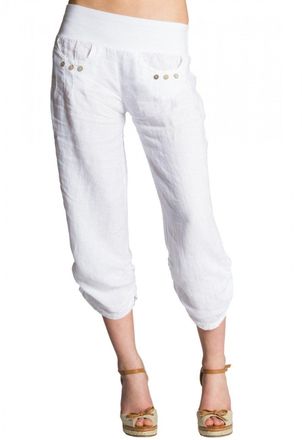 CASPAR Fashion KHS017 Damen 3/4 Leinen Hose, Farbe:Weiss, Größe:XXL - DE44 UK16 IT48 ES46 US14