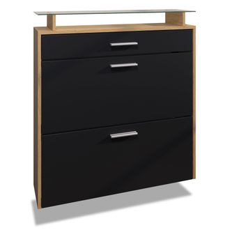 Vladon Schuhschrank Malea, h&auml;ngender Schuhkipper f&uuml;r 16 Paar Schuhe mit 1 Schublade, Schuhregal in Eiche Skandi/Schwarz matt (89 x 95,5 x 23 cm)