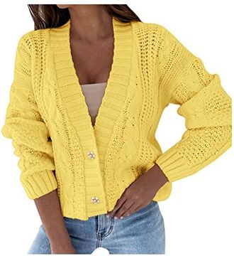 Generic Vestes pour femmes 2026 cardigan col en V p&acirc;te frite manches longues pull mince veste tendance, jaune, Taille unique