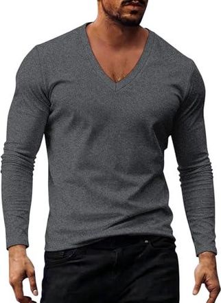 Generic T-shirt de base pour homme - Couleur unie - Haut d&eacute;t&eacute; &agrave; manches longues - Col en V - Grande taille - V&ecirc;tements doux respirants - Costume de sport pour