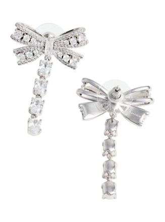 Self Portrait Womens Drop Earrings With Bow And Crystals, Silver Metal Metallic