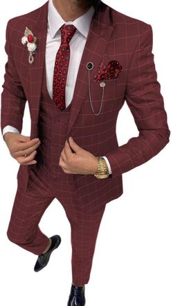Solovedress Anz&uuml;ge f&uuml;r Herren 3 Teilig Klassischer Karierter Herrenanzug Sakko Hose Weste f&uuml;r Hochzeiten und Gesch&auml;ft (Burgund,3XL)