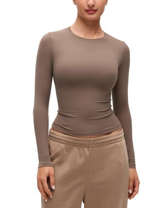 CRZ YOGA Damen Softembrace Langarmshirts Basic T-Shirt Lightweight Y2K Langarm Crop Top Enge Slim Fit Oberteile Casual Rundhals Shirt Braun Lila 36