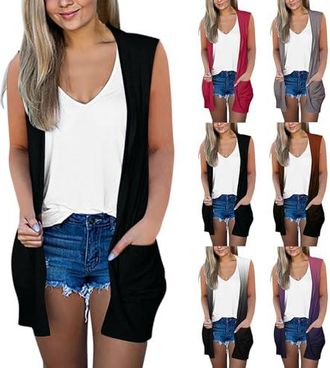 Generic Cardigan sans manches pour femme, cardigan sans manches pour femme, cardigan de couleur unie avec poches, coupe d&eacute;contract&eacute;e, manteau de sortie, cardi