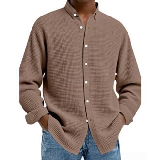 Generic Mokaloha Chemise &agrave; manches longues pour homme Motif gaufr&eacute; Style d&eacute;contract&eacute; Couleur unie Bouton gaufr&eacute; Chemise classique confortable, marron fonc&eacute;, X
