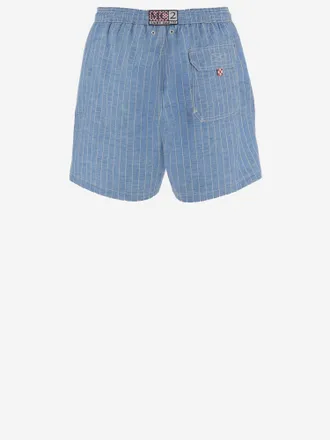 MC2 Saint Barth Mens Swim Shorts Striped Light Blue Polyester Beachwear Sea Clothing