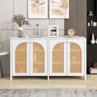 Generic LZPUOUI Sideboard Kommode 145 cm Wei&szlig; Anrichte mit 4 Rattant&uuml;ren Metallgriffen verstellbaren Regalb&ouml;den Buffetschrank in MDF Spanplatte PE-Rattan Mehr