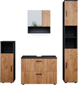 Vicco Ensemble de meubles de salle de bain Irma, Ch&ecirc;ne dor&eacute;/anthracite, 4 pi&egrave;ces, avec armoire &agrave; tiroirs et armoire haute