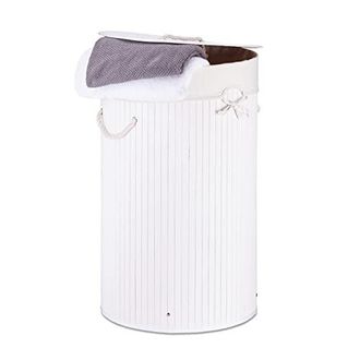 Relaxdays W&auml;schekorb Bambus, faltbare W&auml;schetonne mit Deckel, Volumen 70 l, W&auml;schesack Baumwolle, rund &Oslash; 41 cm, wei&szlig;
