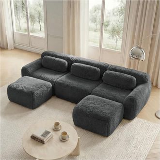 Generic Modernes 2-Sitzer-Sofa, modulares Sofa, rutschfeste Basis, mit 2 Kissen, extra breite ergonomische Armlehnen,for Lesen und Arbeiten(Gris+Peluche+3 Pla