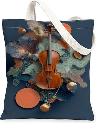 Generic Sacs fourre-tout en toile marine artistique, motif violon moderne, sacs d&eacute;picerie r&eacute;utilisables, l&eacute;gers et lavables en toile pour, bleu marine, 13x15 