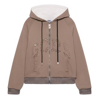GCDS Gcds - SweaT-shirt &agrave; capuche zipp&eacute; Logo Raglan - Femme - Sweatshirts et sweats &agrave; capuche - Brun - Taille: 40 FR