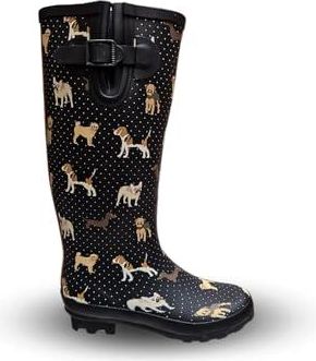 TOSH Bottes de pluie en caoutchouc pour femme - Courtes et hautes - Patte de chien - Tête de mort - Boucle réglable, Imprimé grand chien noir, 38 EU