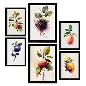 Nacnic Baies et p&ecirc;ches Affiches. Illustrations de Fruits, L&eacute;gumes et Aliments Sains dans un Style Aquarelle sur Fond Blanc Pur. Design dint&eacute;rieur et d&eacute;corati