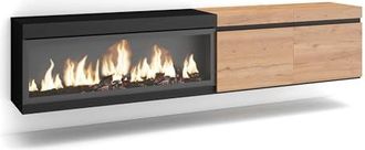 Skraut Home | TV-Schrank, Lowboard | f&uuml;r Wohnzimmer und Esszimmer | 210 | F&uuml;r TV-Ger&auml;te bis zu 80 | Elektrokamin XXL | H&auml;ngend | Moderner Stil | Eiche Schwarz