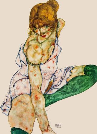 1art1 Egon Schiele Poster Blondes Mädchen mit Grünen Strümpfen 1914 Bilder Leinwand-Bild Auf Keilrahmen | XXL-Wandbild Poster Kunstdruck Als Leinwandbild 80
