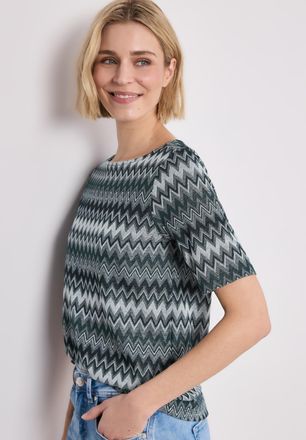 Street One T-Shirt STREET ONE, Damen, Gr. 34, deep bound gr&uuml;n, Stoff, 68% Polyester, 31% Viskose, 1% Metallfaser, gemustert, comfort fit normal, U-Boot-Ausschnit