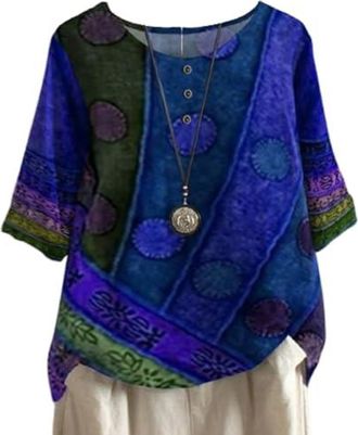 Generic Haut boh&egrave;me color&eacute;, t-shirt d&eacute;t&eacute; vintage, tendance, imprim&eacute;, d&eacute;contract&eacute;, manches 3/4 pour femme, bleu, 4XL