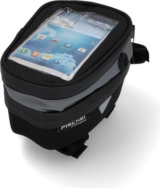 Fischer Premium Fahrradtasche | mit integrierter Smartphone-Tasche und Touchscreen-Schutzfolie | Oberrohrtasche | mit Kopfhörerausgang | schwarz