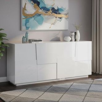 Dmora Kommode Yago, Wohnzimmer-Buffet, modernes Wohnzimmer-Kommode mit 4 T&uuml;ren, 200x44x86 cm, gl&auml;nzendes Wei&szlig;