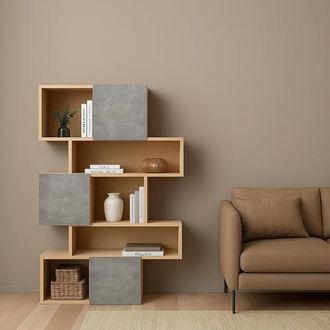 Dmora B&uuml;cherregal Flavie, B&uuml;roregal, Mobiler Buchhalter, B&uuml;cherbrett, 96x32 h166 cm, Eiche und Zement